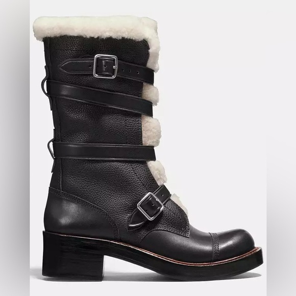 Coach | Shoes | Coach Black Moto Leather Boots With Shearling Lining ...